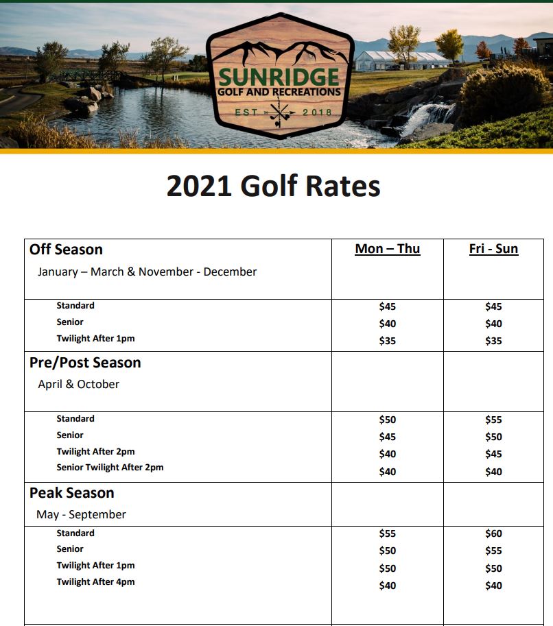 Rates - Sunridge Golf and Recreations